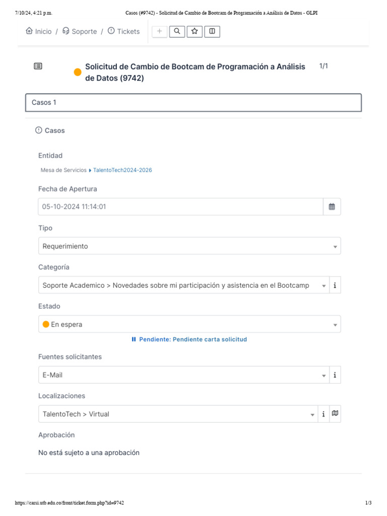 Casos (#9742) - Solicitud de Cambio de Bootcam de Programación A Análisis de Datos - GLPI | PDF ...