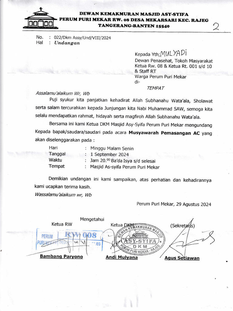 Undangan Rapat DKM Masjid Asy-Syifa | PDF