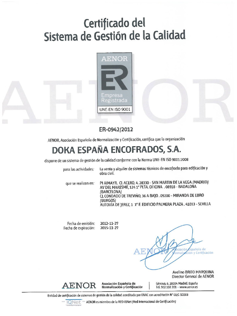 Certificado Del Sistema de Gesti N de La Calidad | PDF