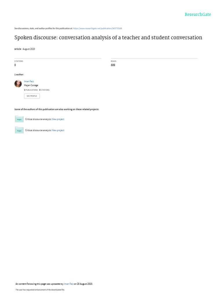 Spoken Discourse: Conversation Analysis of A Teacher and Student ...