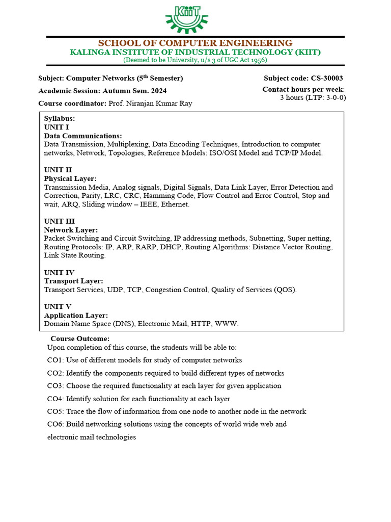 CN_LessonPlan_2024 | PDF | Computer Network | Internet Protocols