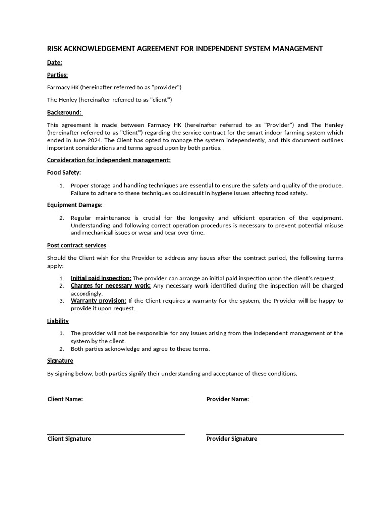 Risk Acknowledgement Agreement | PDF