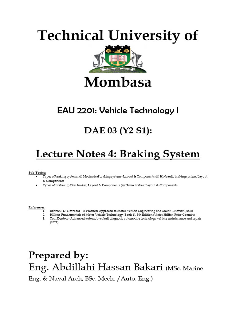 Vehicle Technology I Lecture Notes 4 Braking System | PDF | Brake ...