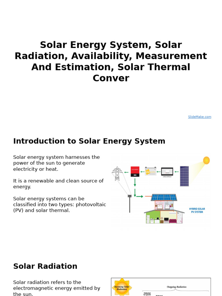 1.2 Solar Energy System, Solar Radiation, Availability, Measurement and Estimation, Solar ...