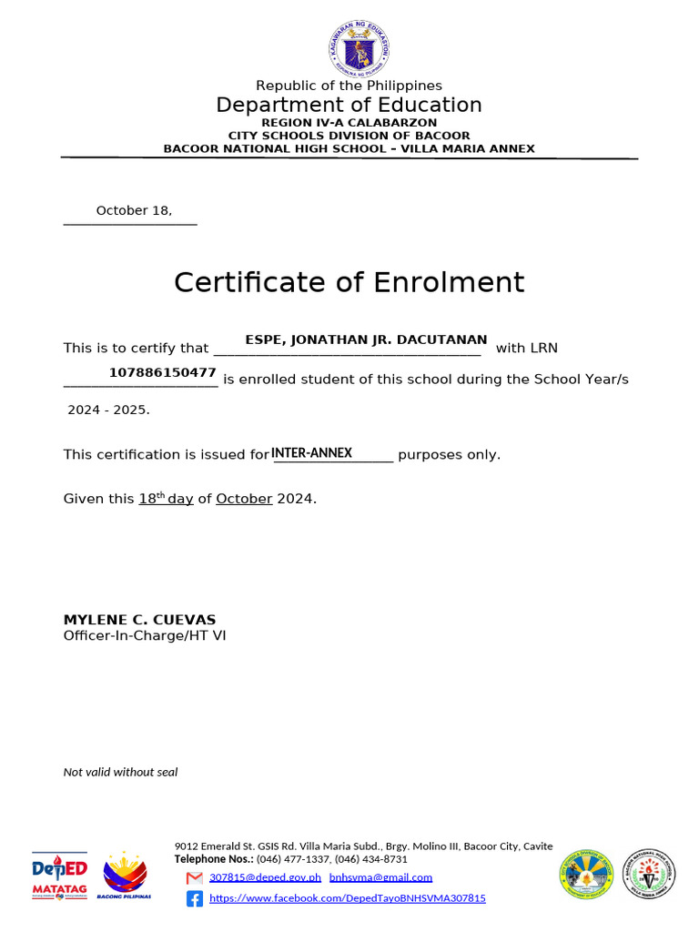 Espe Cert of Enrollment | PDF