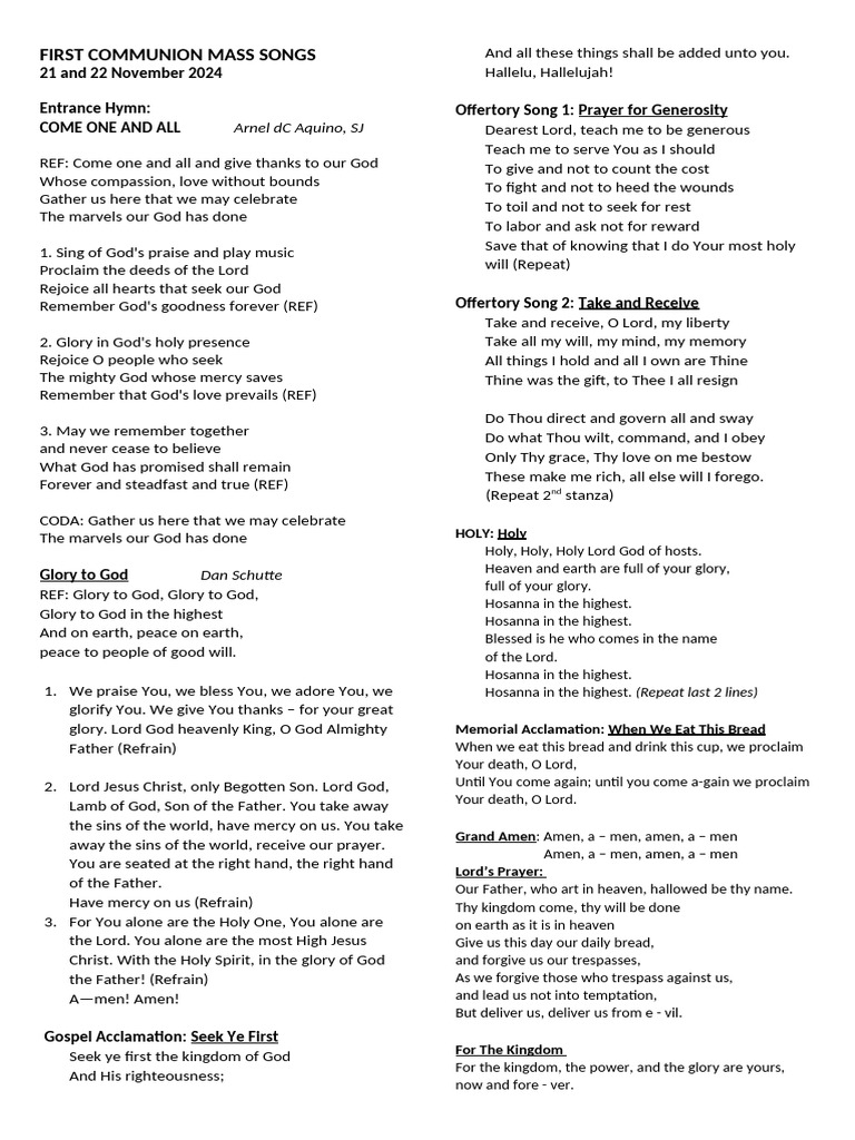 First Communion Songs 21 And 22 November 2024 Pdf Glory Religion