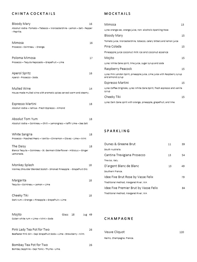 Chinta Beverage WEB Menu October 2023 | PDF | Martini (Cocktail) | Wine