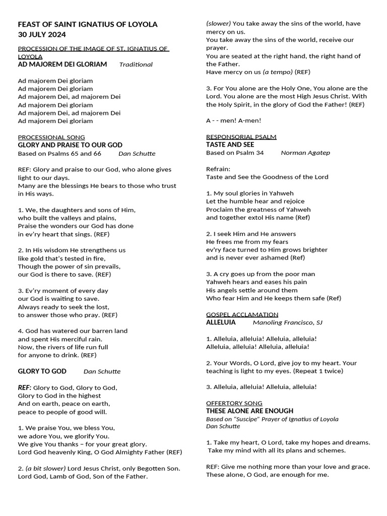 Feast of St. Ignatius Songs | PDF | Glory (Religion) | Lord's Prayer