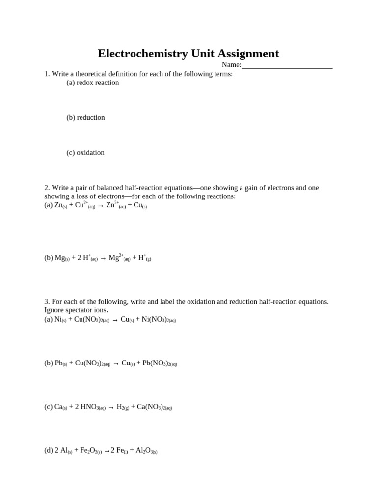 CHem 30 Electrochemistry Unit Assignment | PDF | Redox | Anode