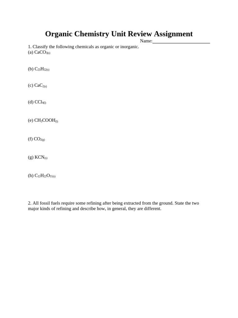 Chem 30 Organic Chemistry Unit Review Assignment | PDF | Methyl Group ...