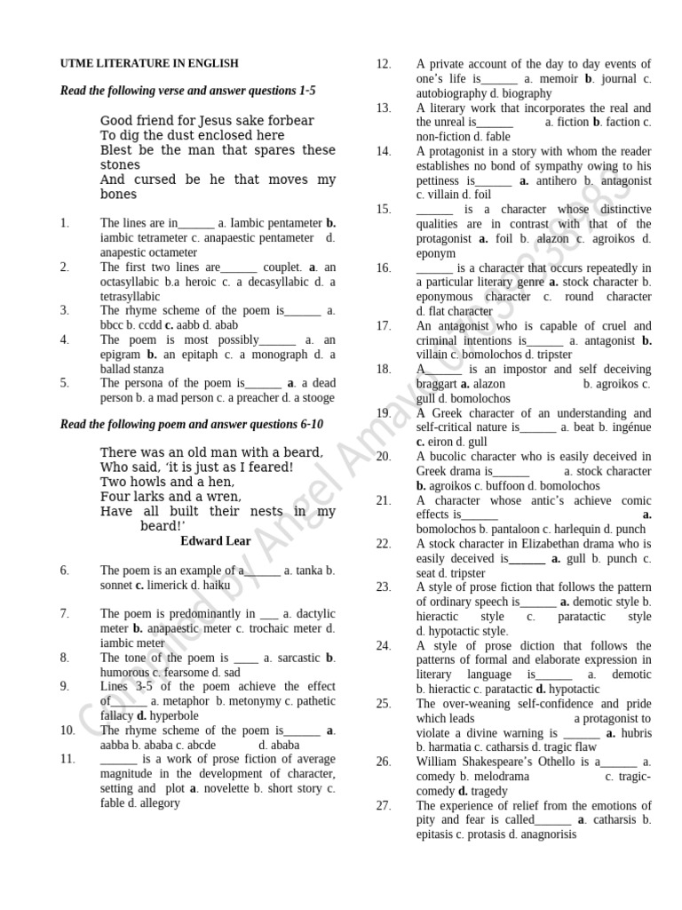 multiple_choice_literature_ 2024 jamb | PDF | Othello | Iago