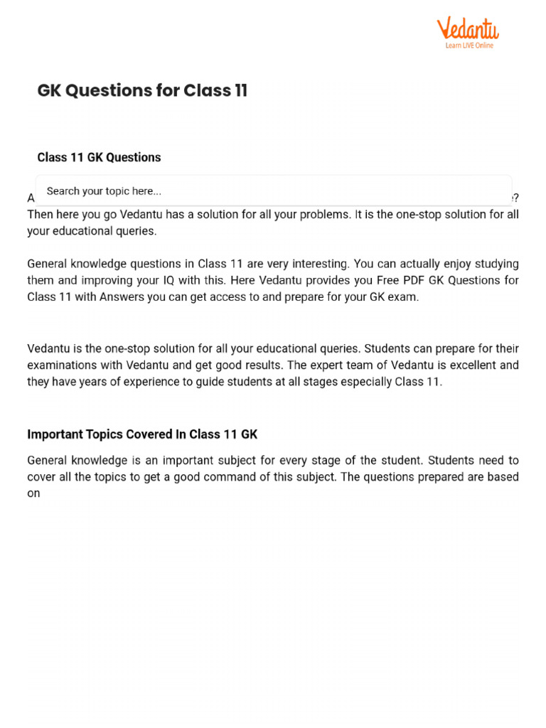 GK Questions For Class 11 | PDF
