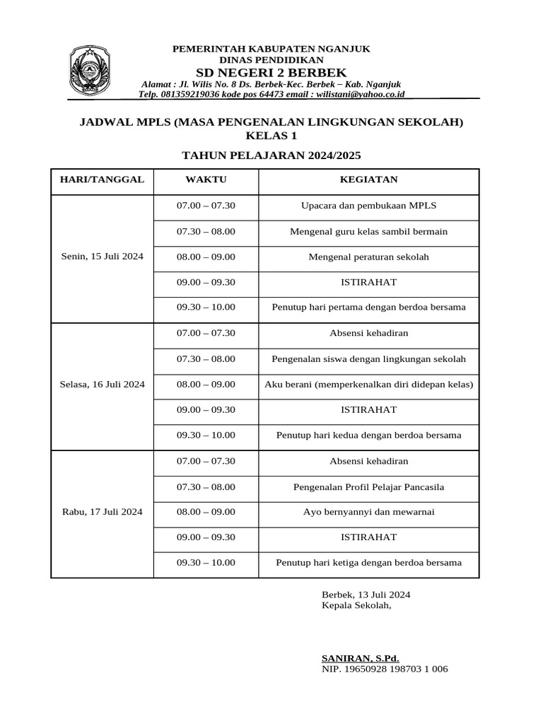 Jadwal MPLS Kelas 1 2024-2025 | PDF