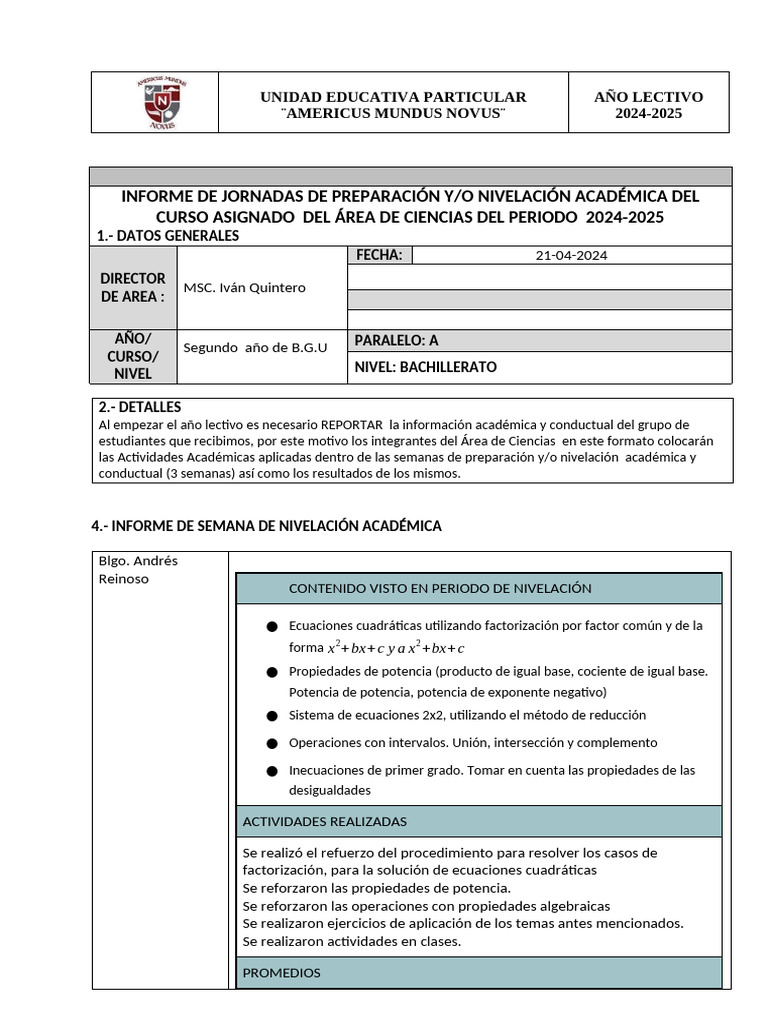 Informe de Semanas de Diagnóstico 2do Bgu - A - Biología 2024-2025 | PDF | Ecuaciones ...