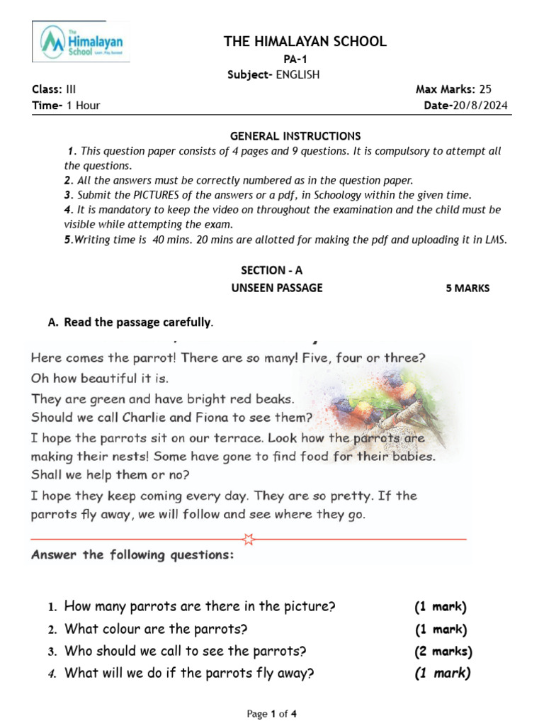 English Question Paper - Grade 3 | PDF