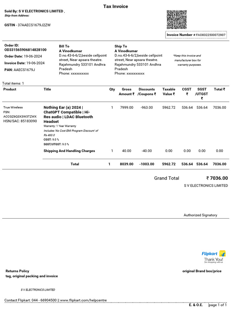 Nothing Ear (A) Buds Bill - 240831 - 145340 | PDF | Invoice