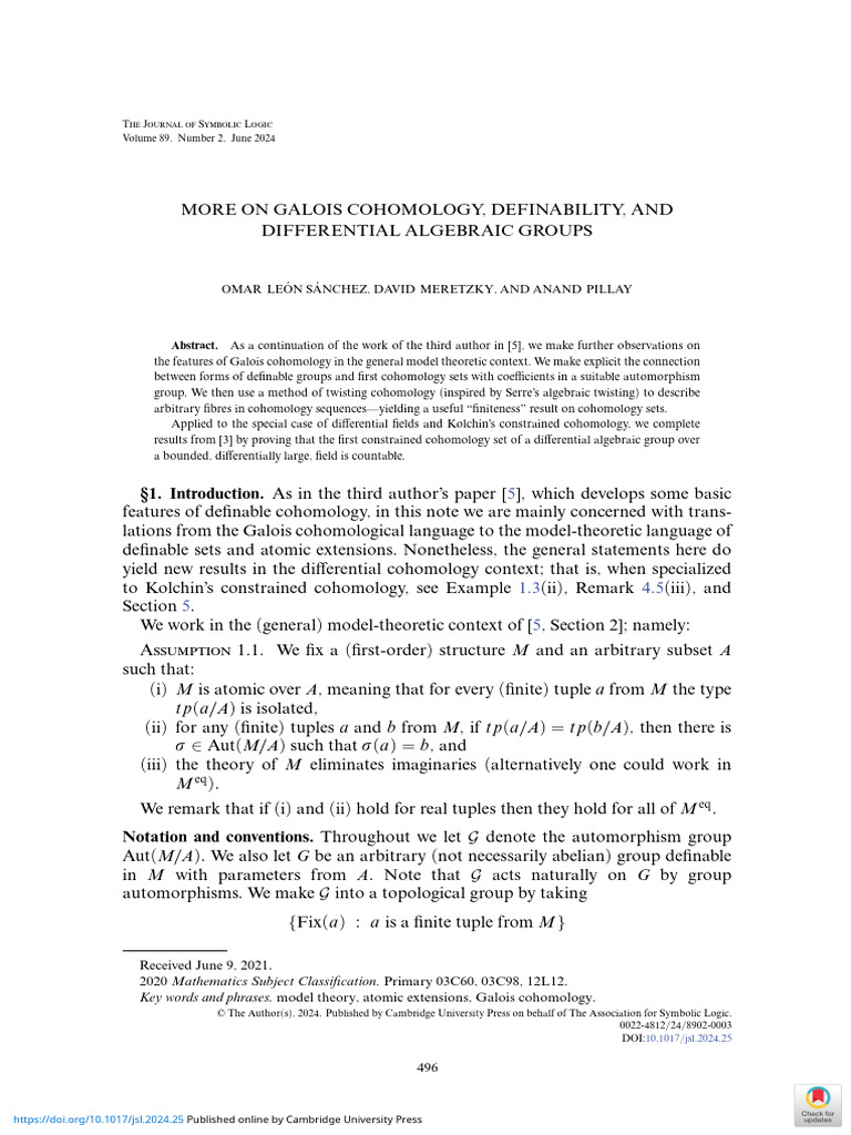More On Galois Cohomology Definability and Differential Algebraic ...