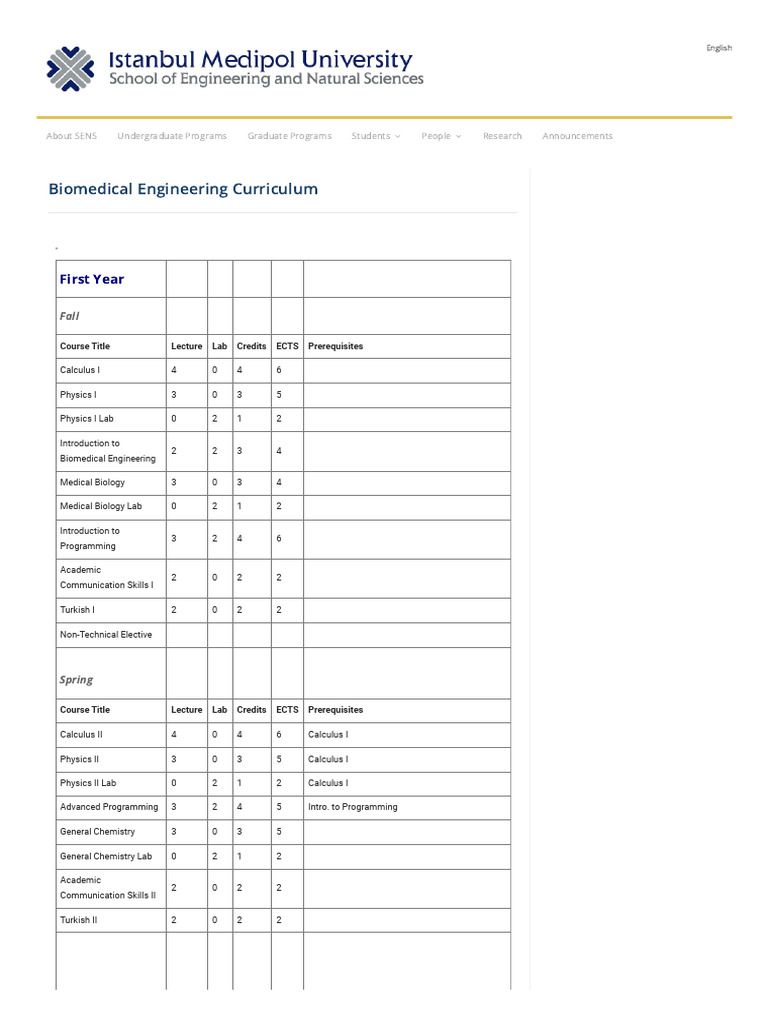 Biomedical Engineering Curriculum - Istanbul Medipol University | PDF | Equations | Calculus