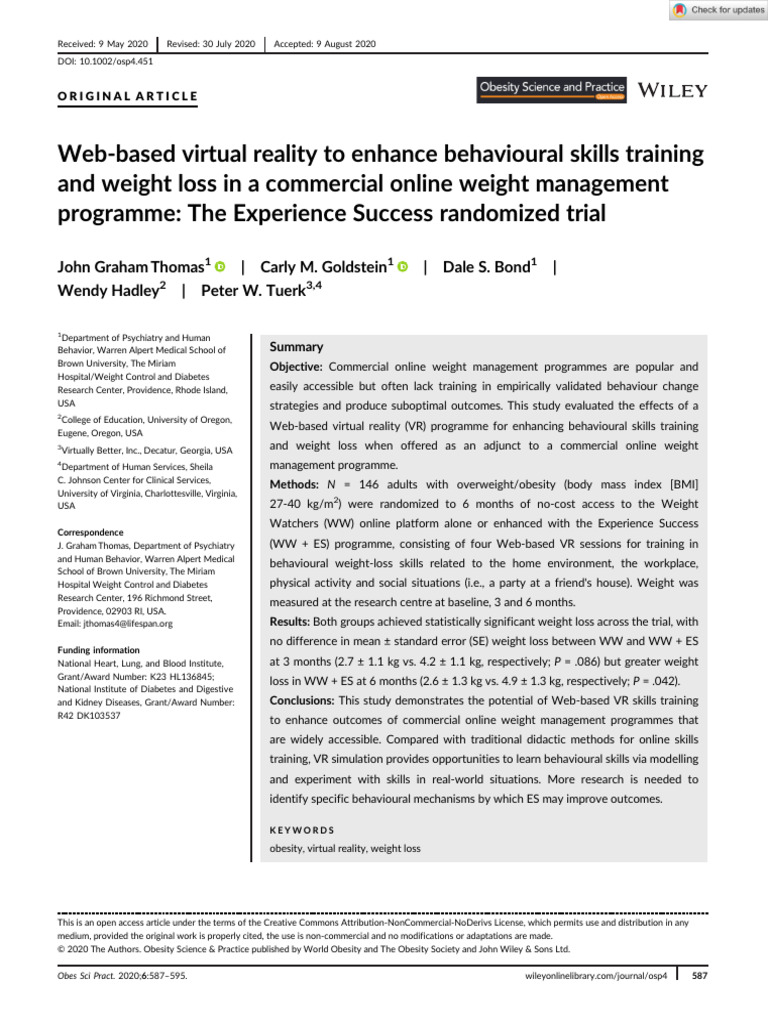 2020 Web Based Virtual Reality To Enhance Behavioural Skills Training and Weight | PDF | Obesity ...