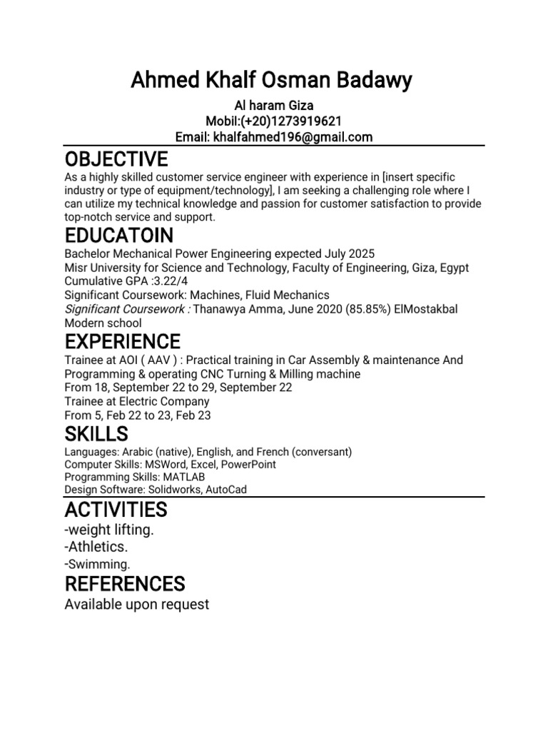 Ahmed Khalf: Customer Service Engineer Resume | PDF