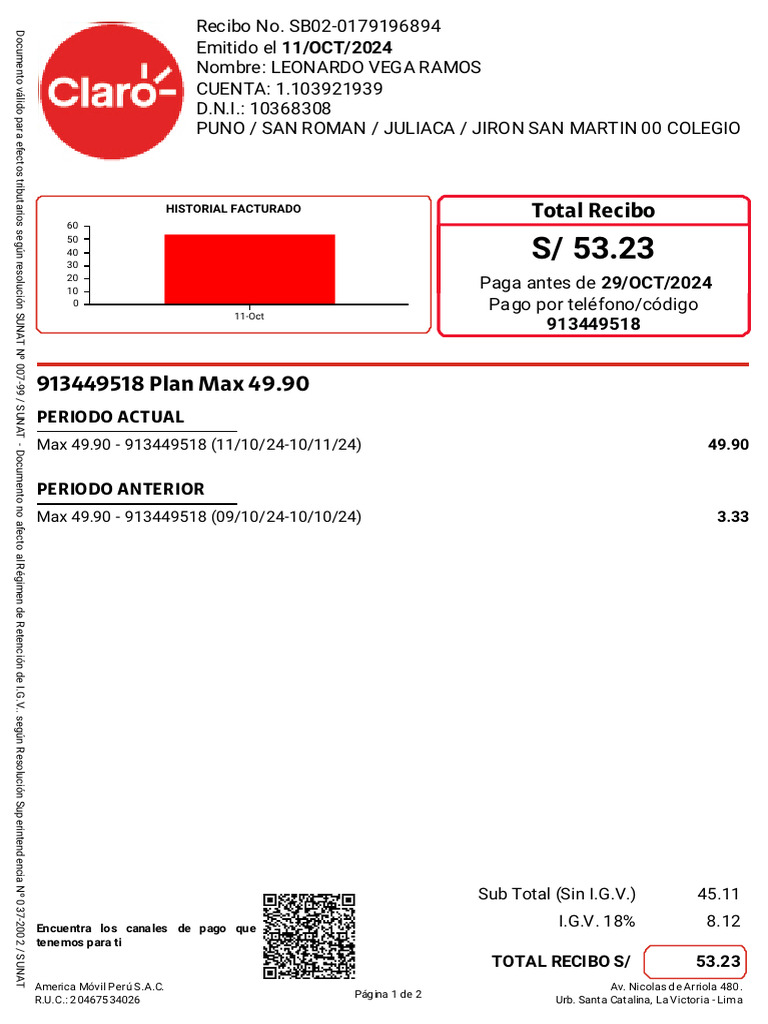 Detalles del Recibo Claro Octubre 2024 | PDF