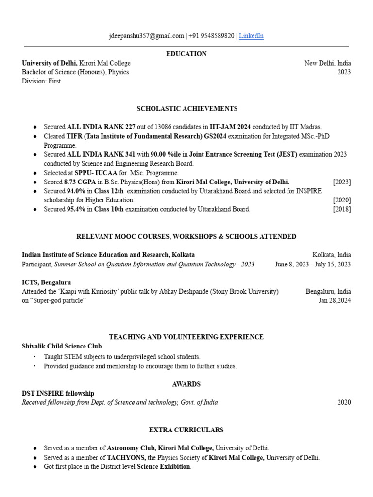 7520-mr-deepanshu-joshi-1728207099-cv | PDF | Physics | Optics