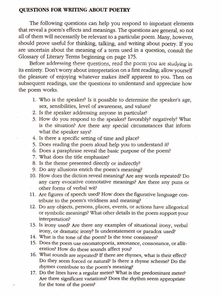 L9 - Questions For Writing About Poetry and Sample Analysis | PDF