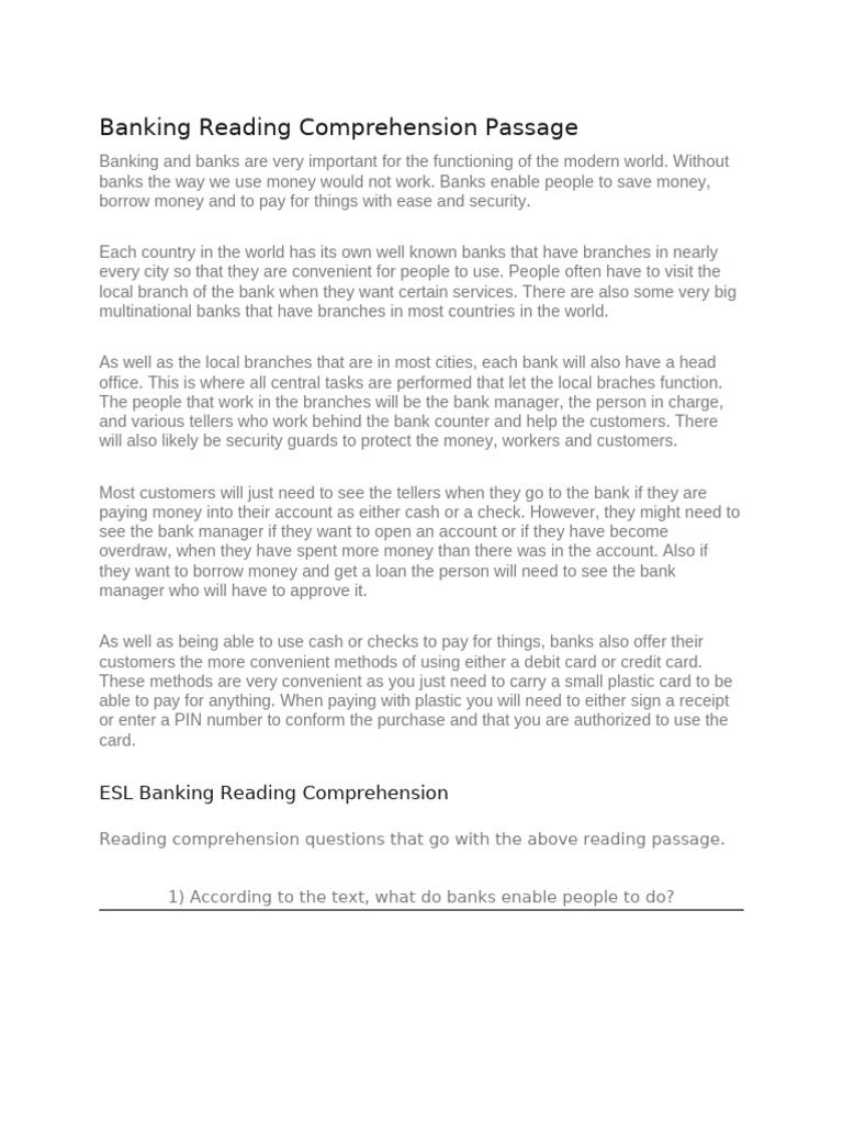 Banking Reading Comprehension Passage | PDF | Banks | Money