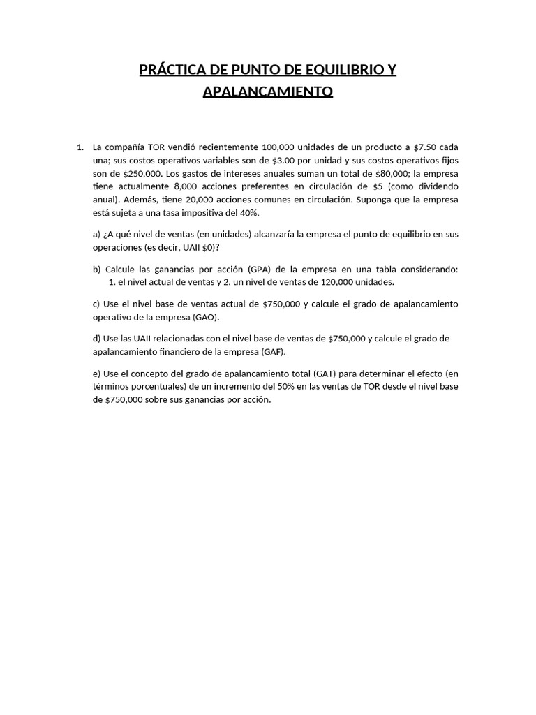 PRÁCTICA DE Punto de Equilibrio Y APALANCAMIENTO 2024-20 | PDF