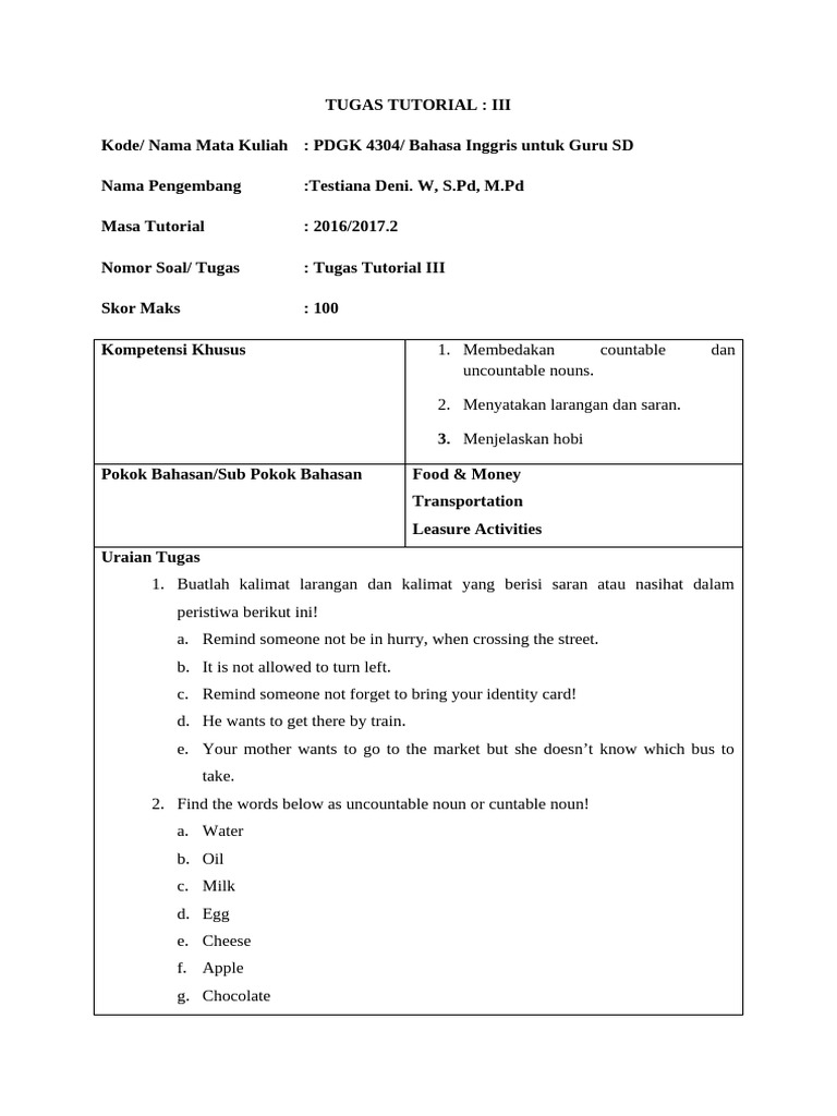 Tugas Tutorial III: Bahasa Inggris SD | PDF | Linguistic Morphology ...