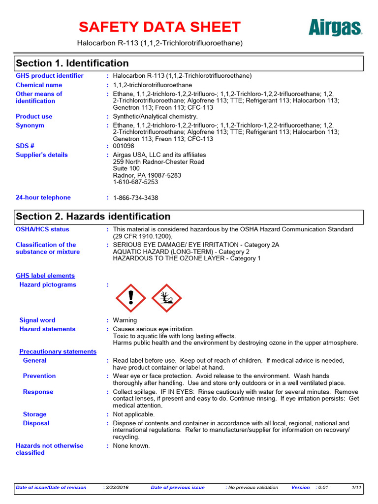 Safety Data Sheet: Section 1. Identification | PDF | Toxicity | Waste