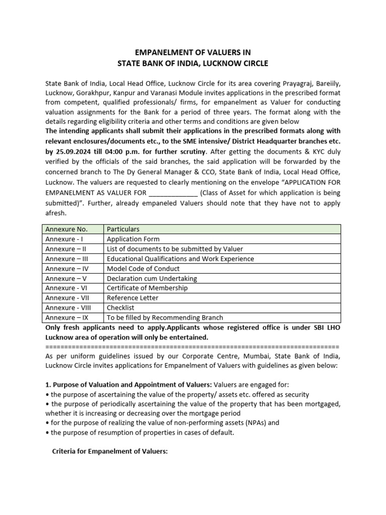 SBI Lucknow Valuer Empanelment 2024 | PDF | Real Estate Appraisal | Valuation (Finance)