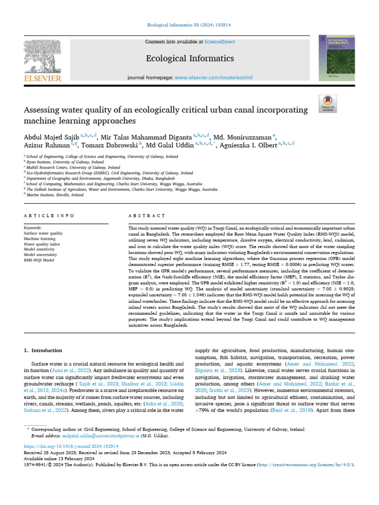 Assessing water quality of an ecologically critical urban canal incorporating machine learning ...