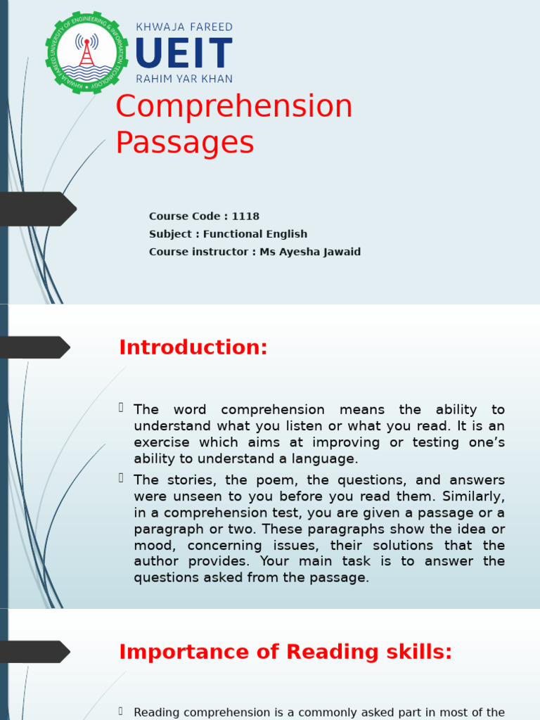 Comprehension Passages | PDF | Reading Comprehension | Speed Reading