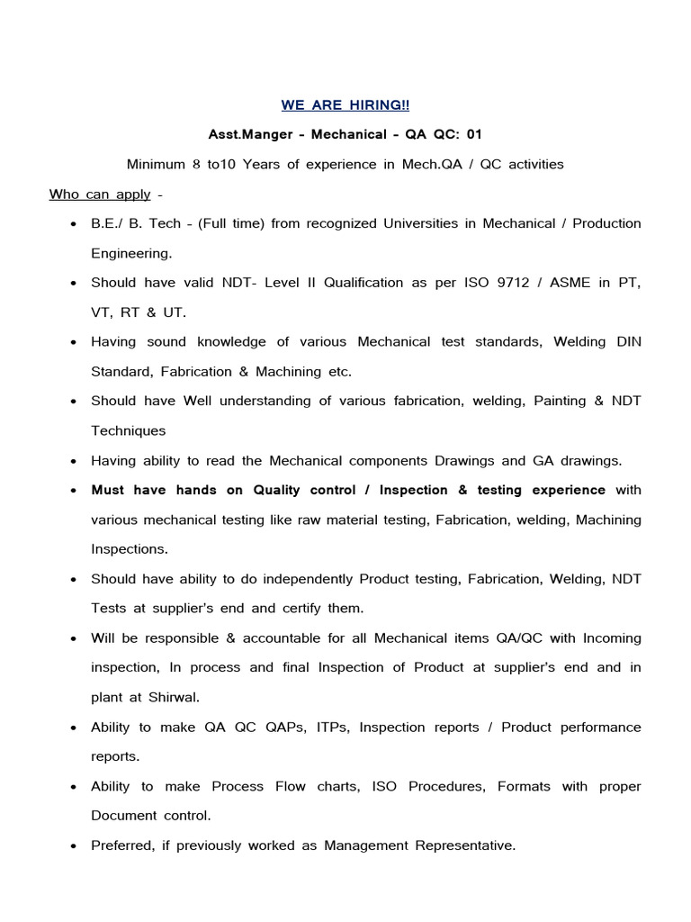 Mechanical QA/QC Assistant Manager Job | PDF