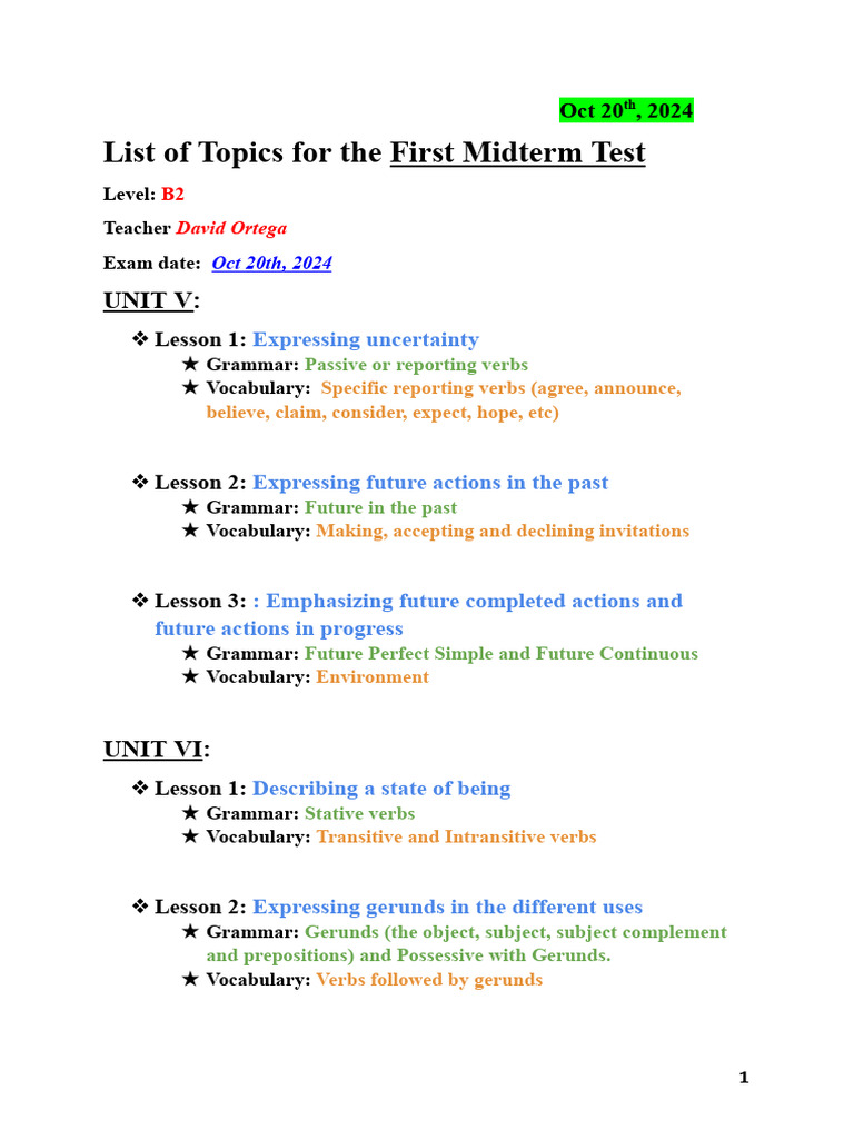 N°2 List of B2 Topics For The Second Midterm, STH, 2023 | PDF