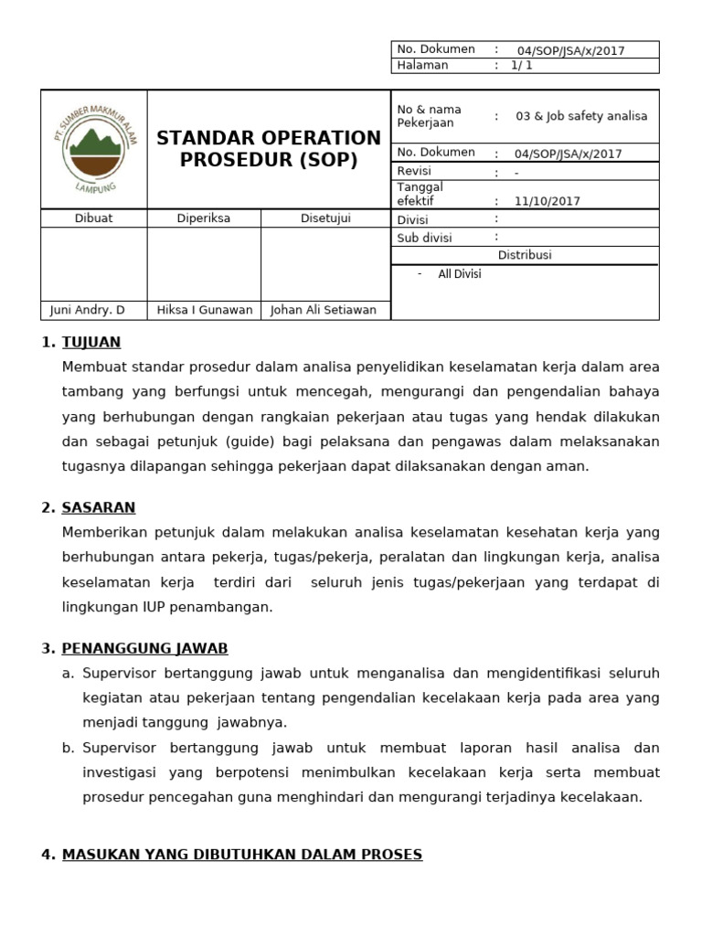 SOP Analisa Keselamatan Kerja Tambang | PDF | Teknologi & Rekayasa
