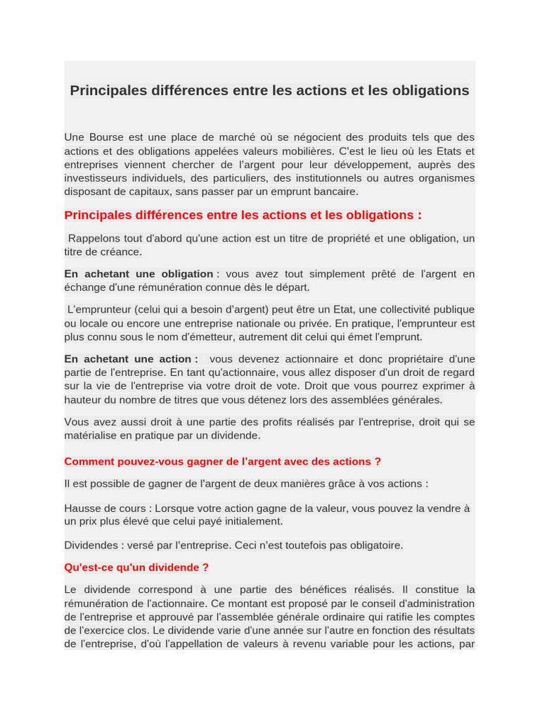 Différences entre actions et obligations | PDF | Action (Finance ...