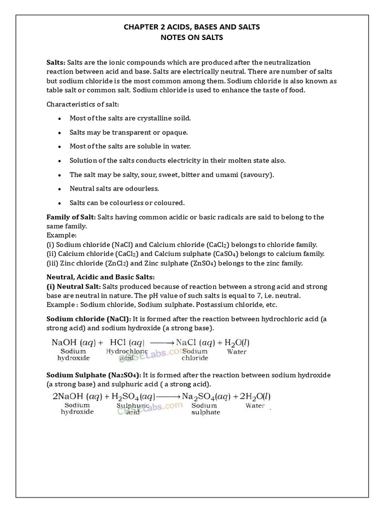 Notes On Salts Ch-2 Acids - Bases and Salts | PDF | Sodium Bicarbonate ...