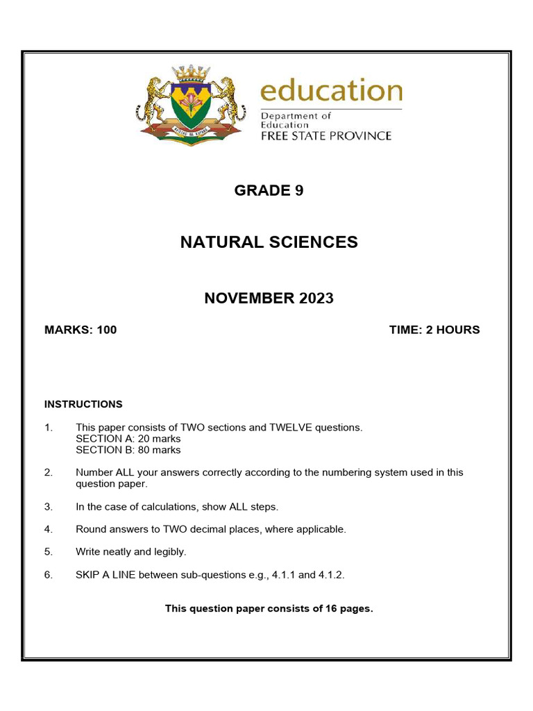 Natural Sciences Gr9 November 2023 QUESTION PAPER 1702551224 | PDF ...