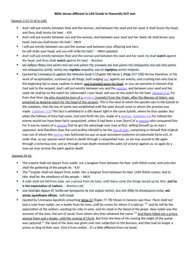 LXX vs. Masoretic Bible Verse Differences | PDF | Bible Content ...