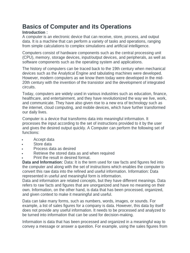 Basics of Computer and its Operations | PDF | Computer Data Storage ...