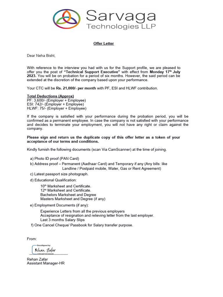 Offer letter- Neha Bisht (Technical Support Executive) | PDF