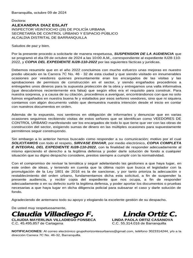 Solicitud de Suspension de Audiencia y de Copia de Expediente IU28-110 ...