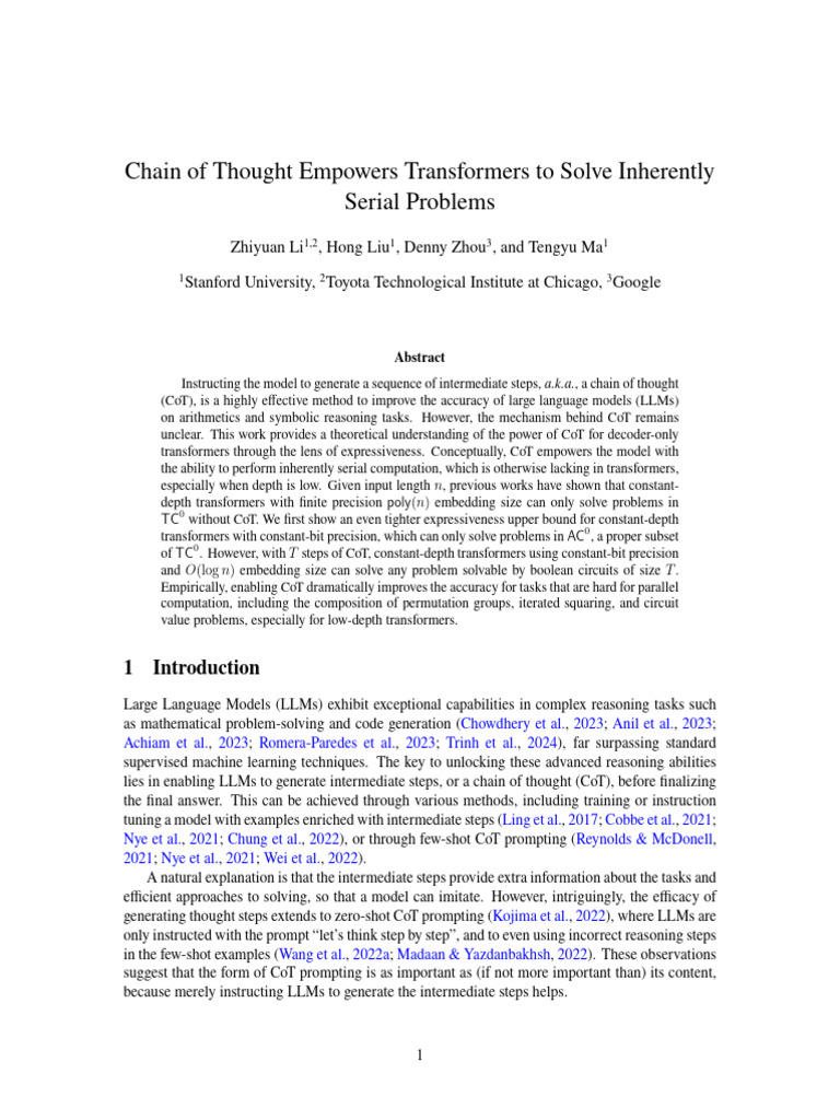 Chain of Thought Empowers Transformers To Solve Inherently Serial Problems | PDF | Theoretical ...