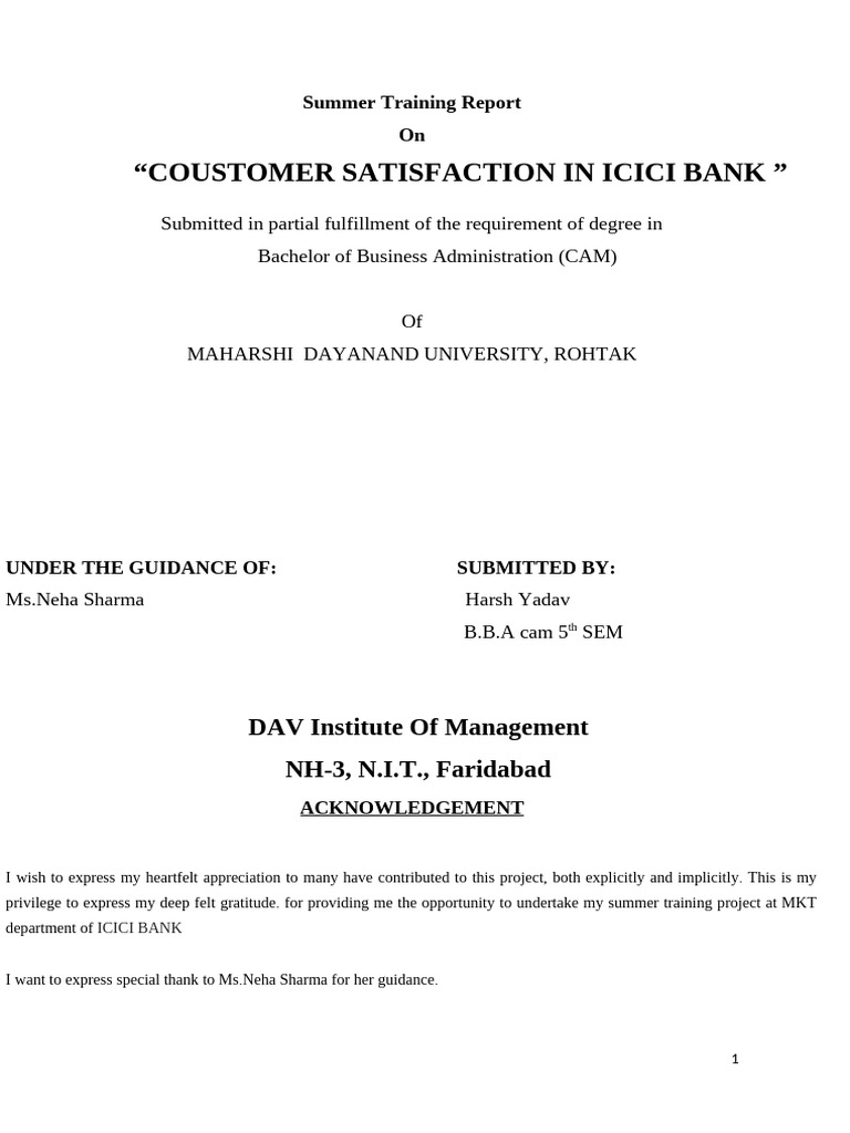 Customer Satisfaction Report: ICICI Bank | PDF | Transaction Account | Credit Card