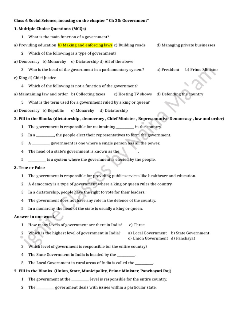 Class 6 SST CH Government Worksheet | PDF | Justice | Crime & Violence