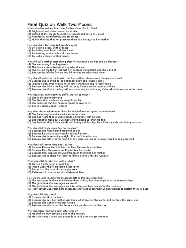 Final Quiz for "Walk Two Moons" | PDF