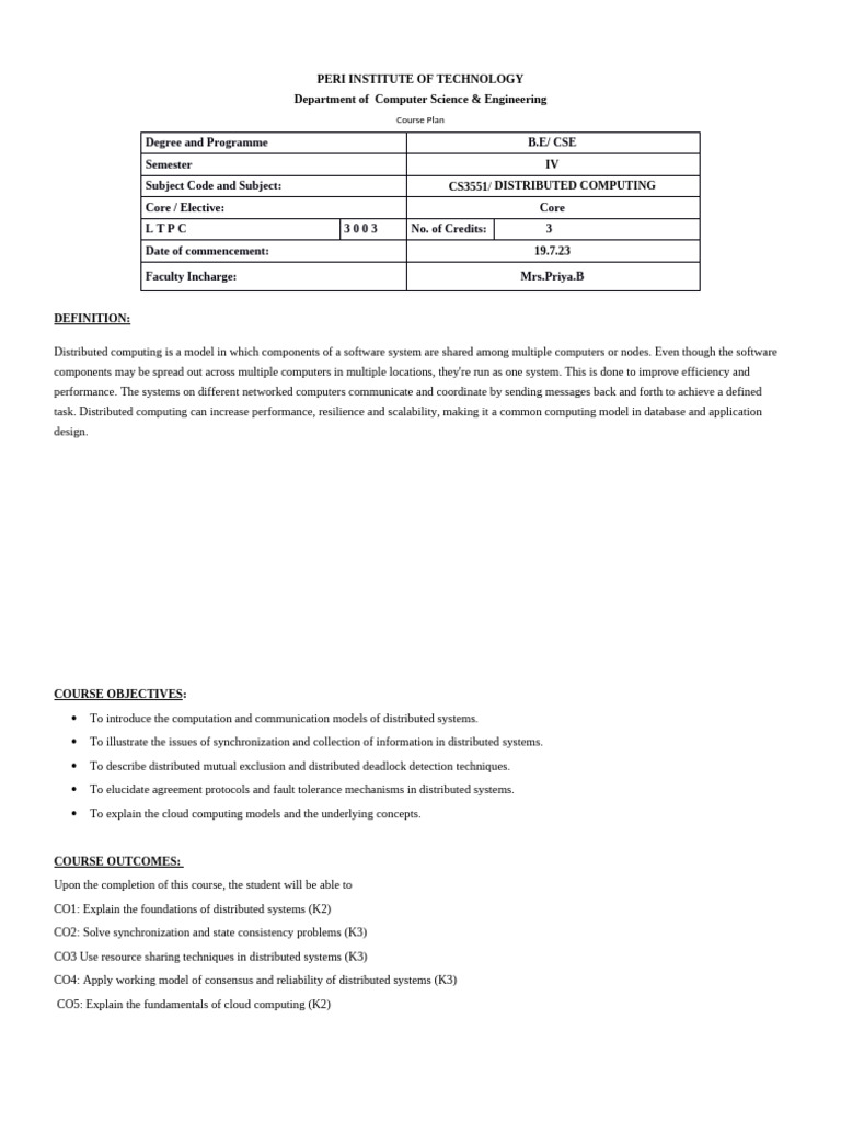 Distributed Computing - 3B - LESSON PLAN - 2023 - 2024 Odd Sem | PDF ...