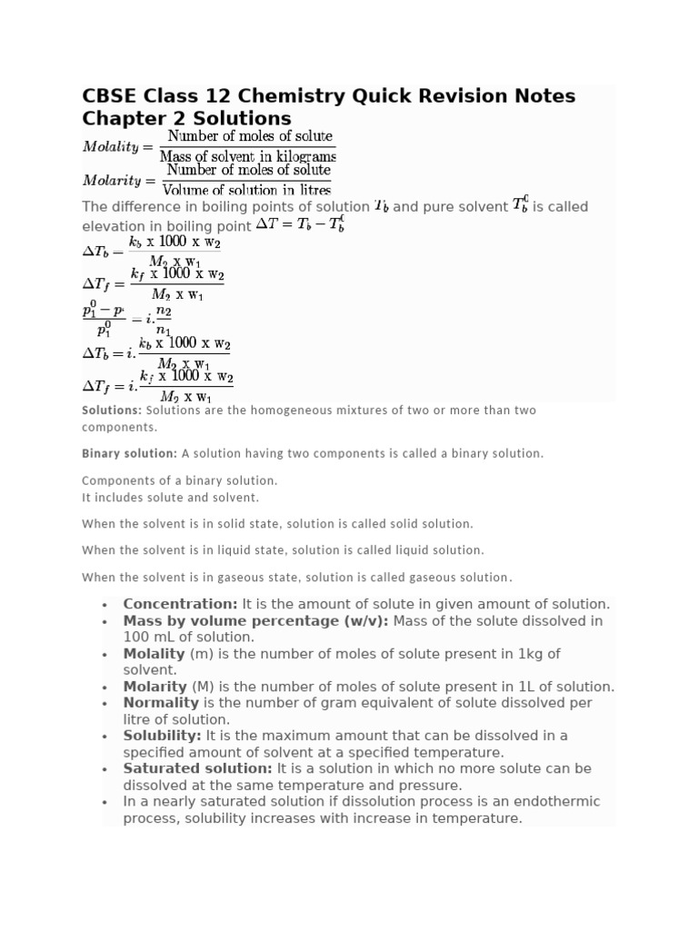 CBSE Class 12 Chemistry Quick Revision Notes Chapter 2 Solutions | PDF ...